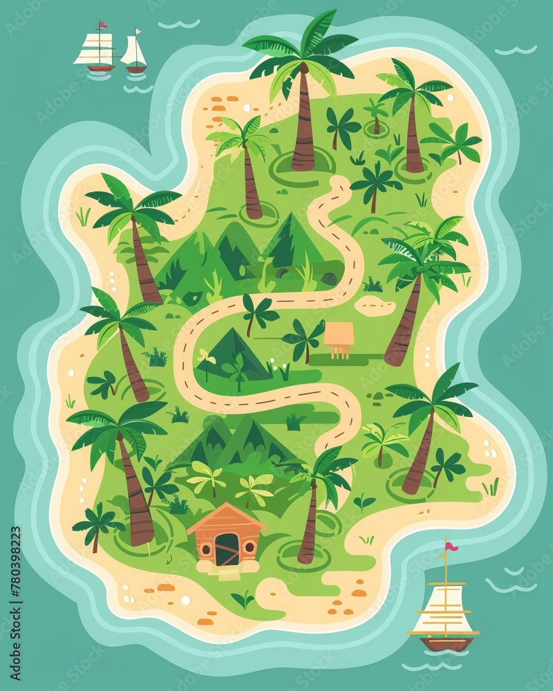Tropical island map, 2D flat style, vintage explorer theme, topdown ...