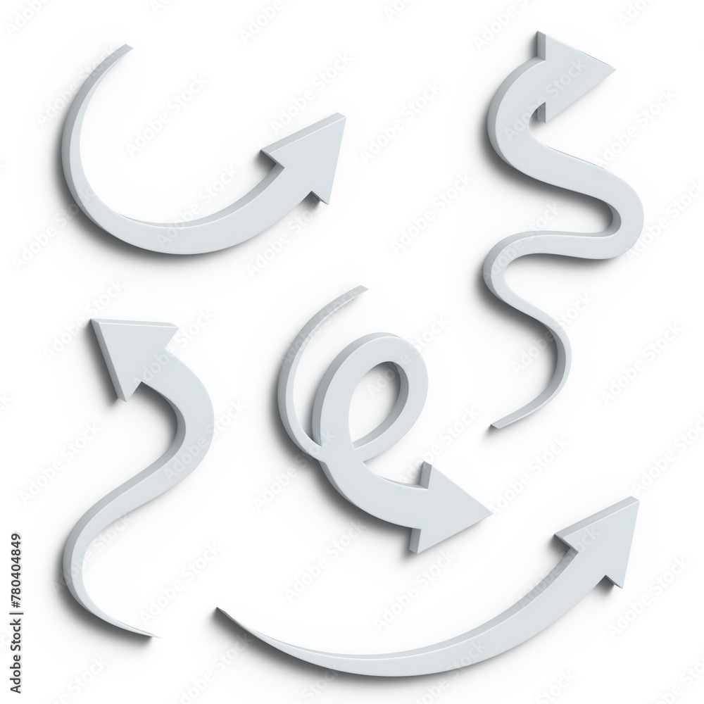 Collection of white 3D curved hand-drawn arrows isolated on a ...