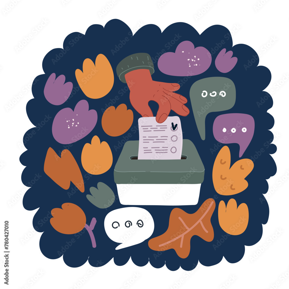 Cartoon vector illustration of Hand puts vote bulletin into vote box ...