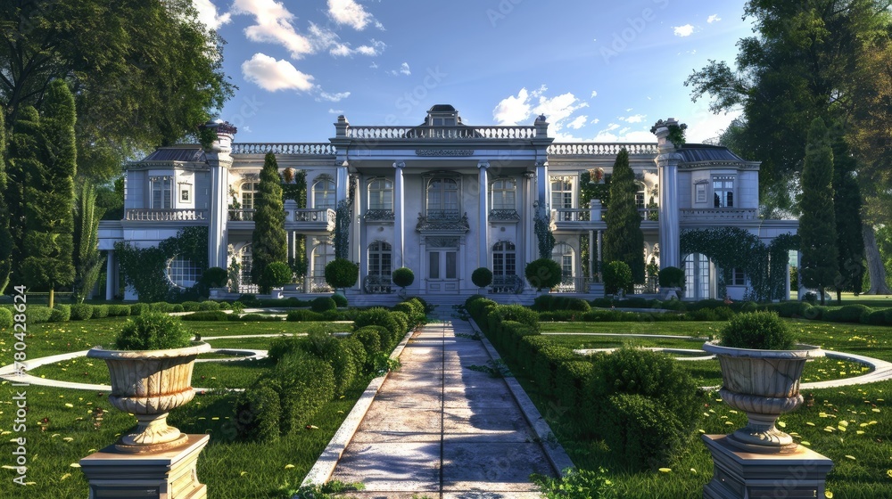 an opulent residence facade, boasting a vibrant lawn and a decorative ...