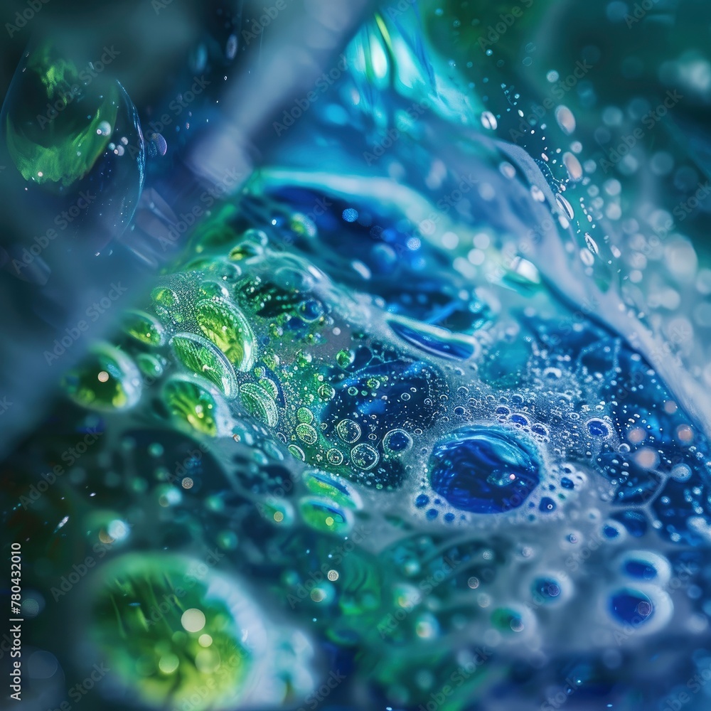 Abstract background of blue and green soap bubbles under the microscope ...
