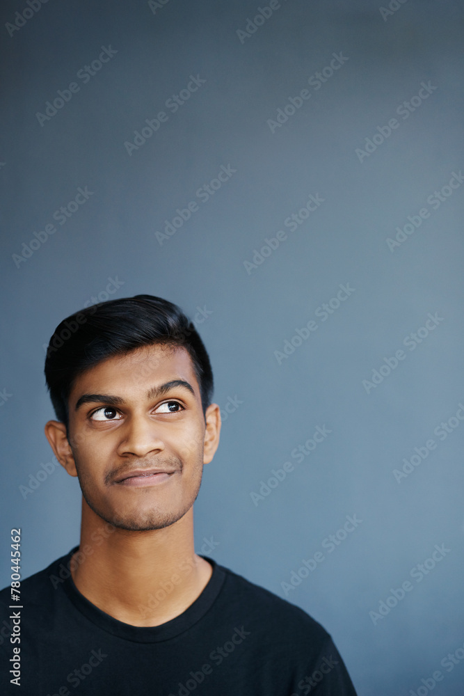 Thinking, idea and Indian man in studio for problem solving ...