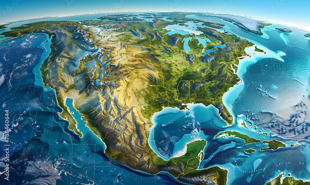 Illustration Stock geography and topography of the USA through a detailed physical map ...