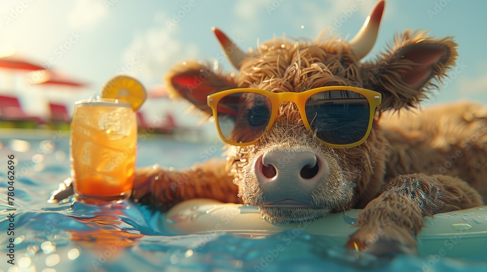 A cheerful cow cartoon character relaxing on a yellow float in a ...