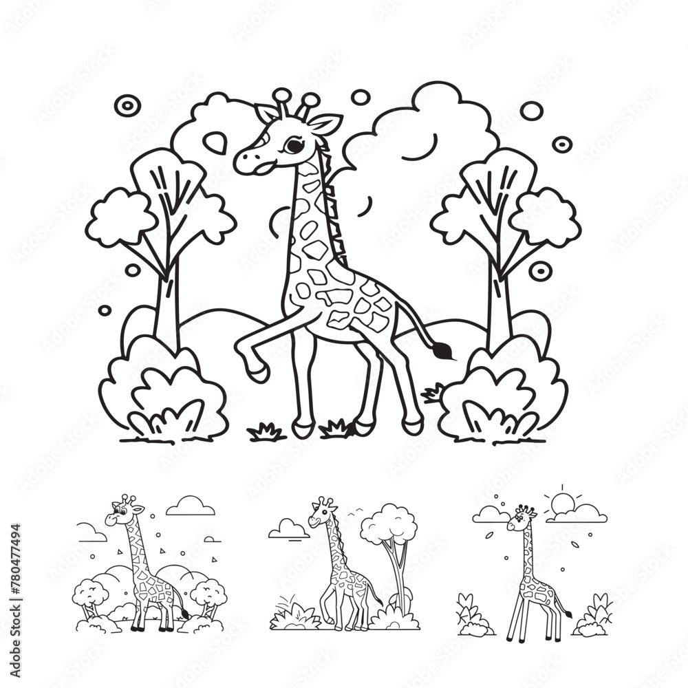 Vector illustration of cute giraffe outline coloring page for kids ...