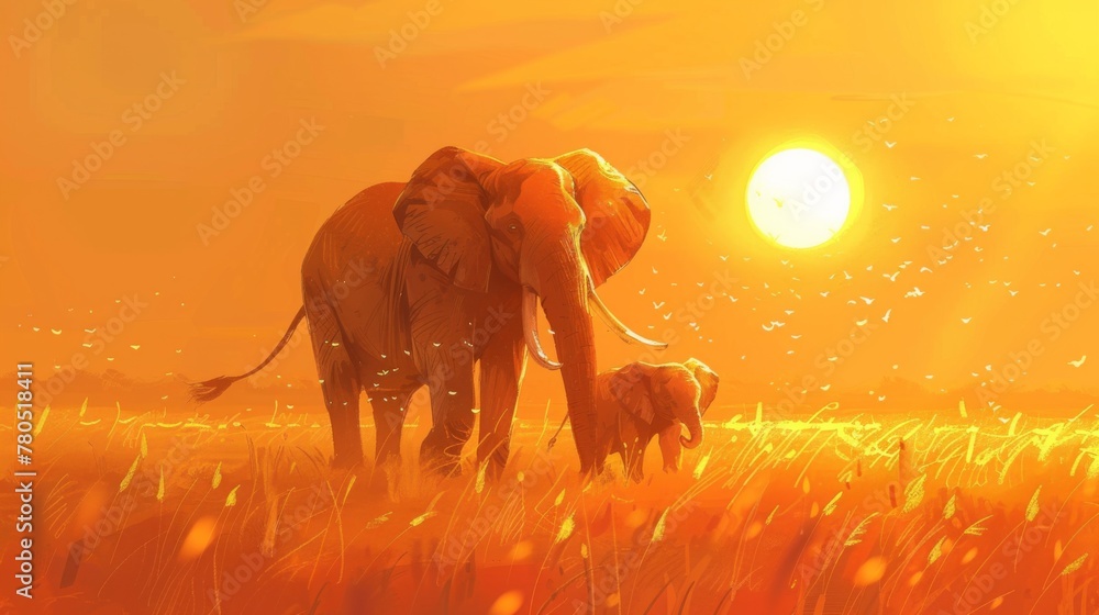 An endearing illustration of a mother elephant leading her baby ...