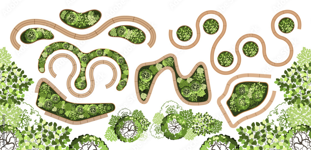 Top view elements for the landscape design plan. Trees and benches for ...