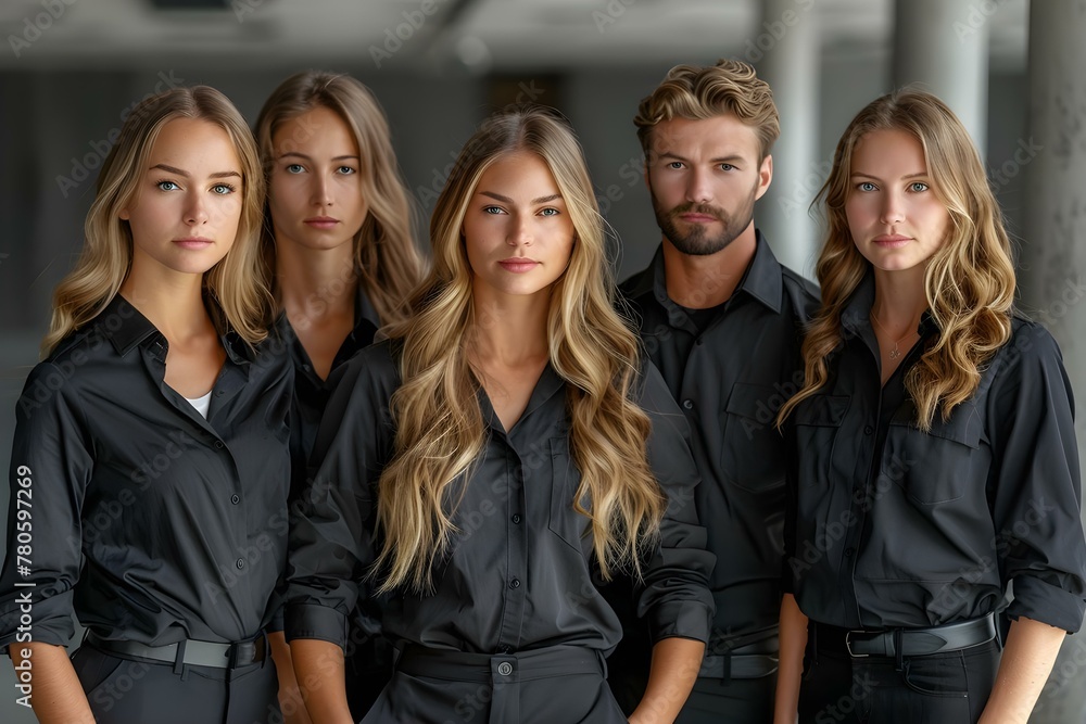 Team in black company shirts and pants posing for a photo. Concept ...