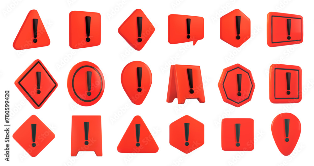 Red 3D warning signs. Hazard danger symbols with exclamation marks ...