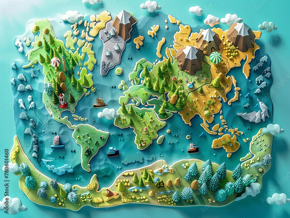 Cute, stylized 3D world map in fisheye lens view, with modern, cheerful ...