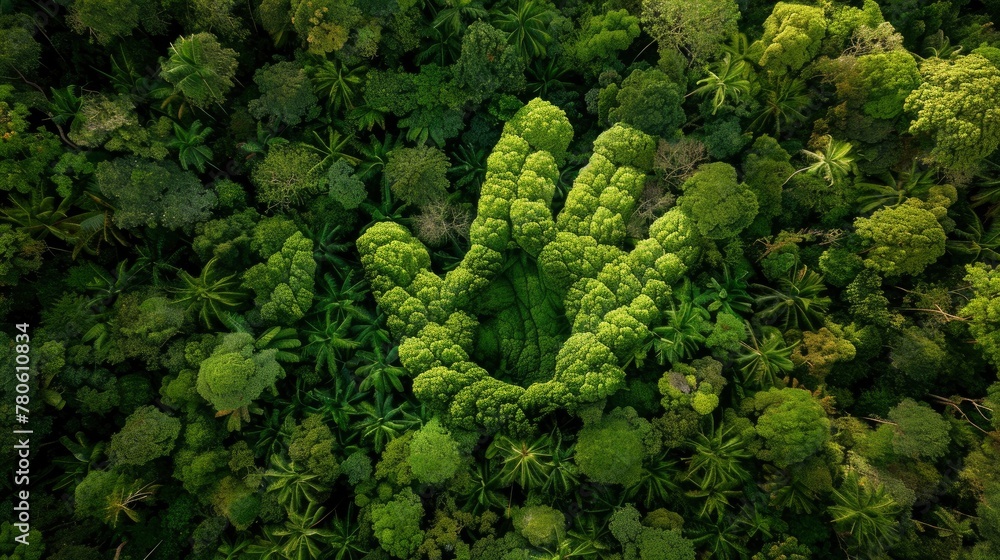 Aerial view of an ancient forest, where the trees form and shape into ...