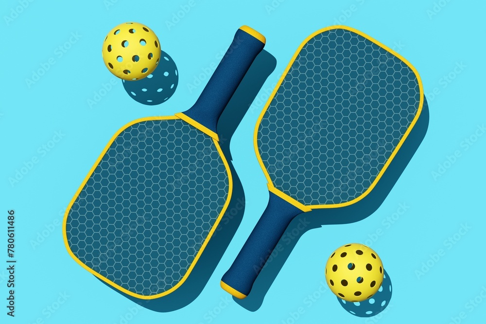 Pickleball sport equipments. Top view of rackets and balls on blue ...