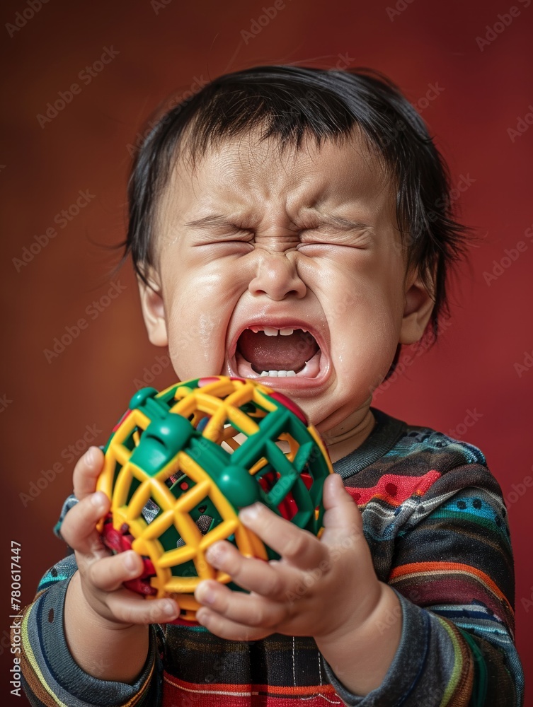 Image of Southeast Asian toddler, 2-3, lobbing a toy, breaking impact ...