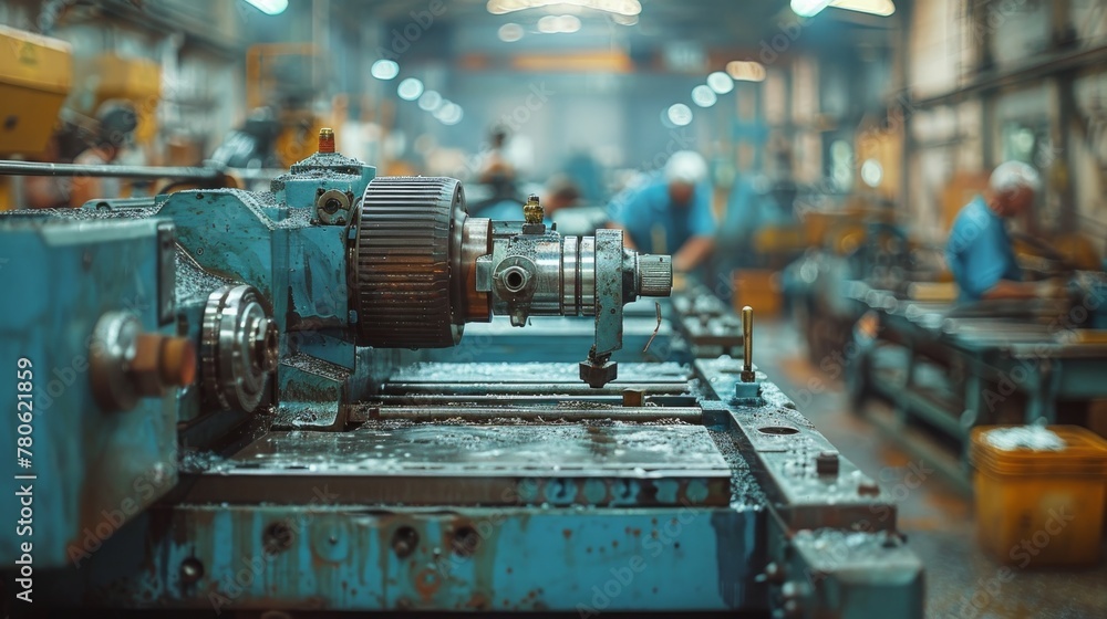 Mechanic inspecting industrial machinery in a steel factory. Engineers ...