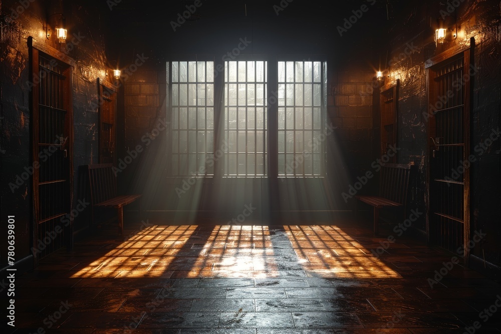 Inside a dramatic prison cell, beams of sunlight filter through the ...
