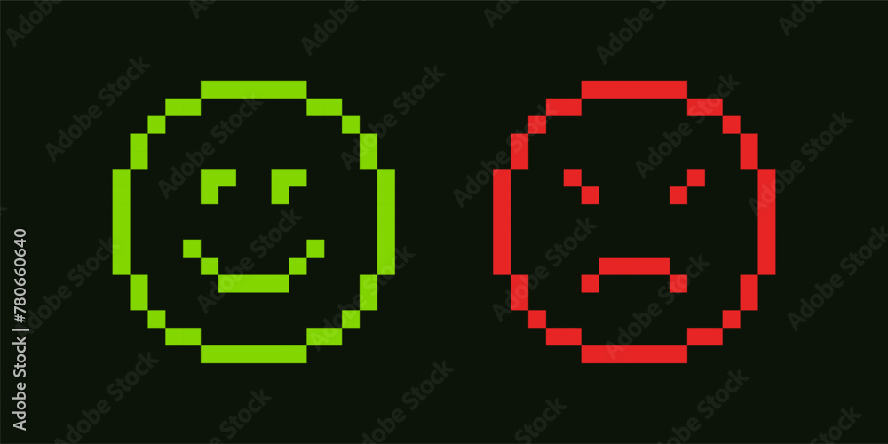 Pixelated minimalist emoticon, bad and good mood quality. Pixel art ...