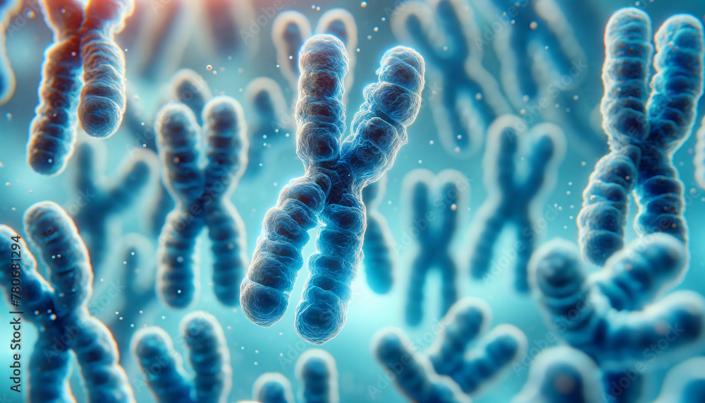 A detailed and realistic 3D image of blue chromosomes against a blurred ...