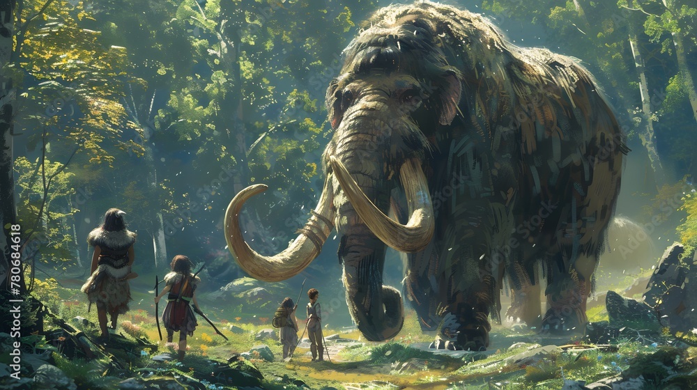 Stone age children playing hide and seek with friendly mammoths in a ...
