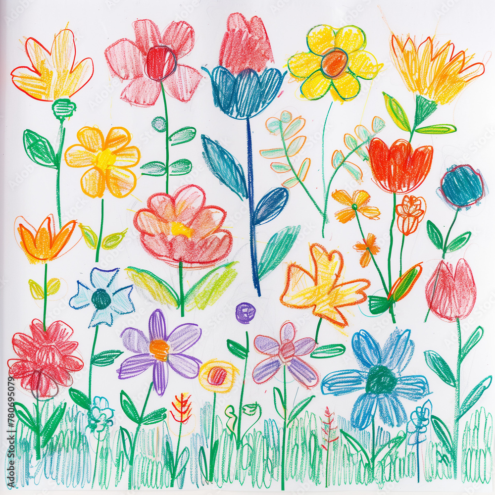 childs crayon drawing of flowers, scribble marks and pencil marks ...