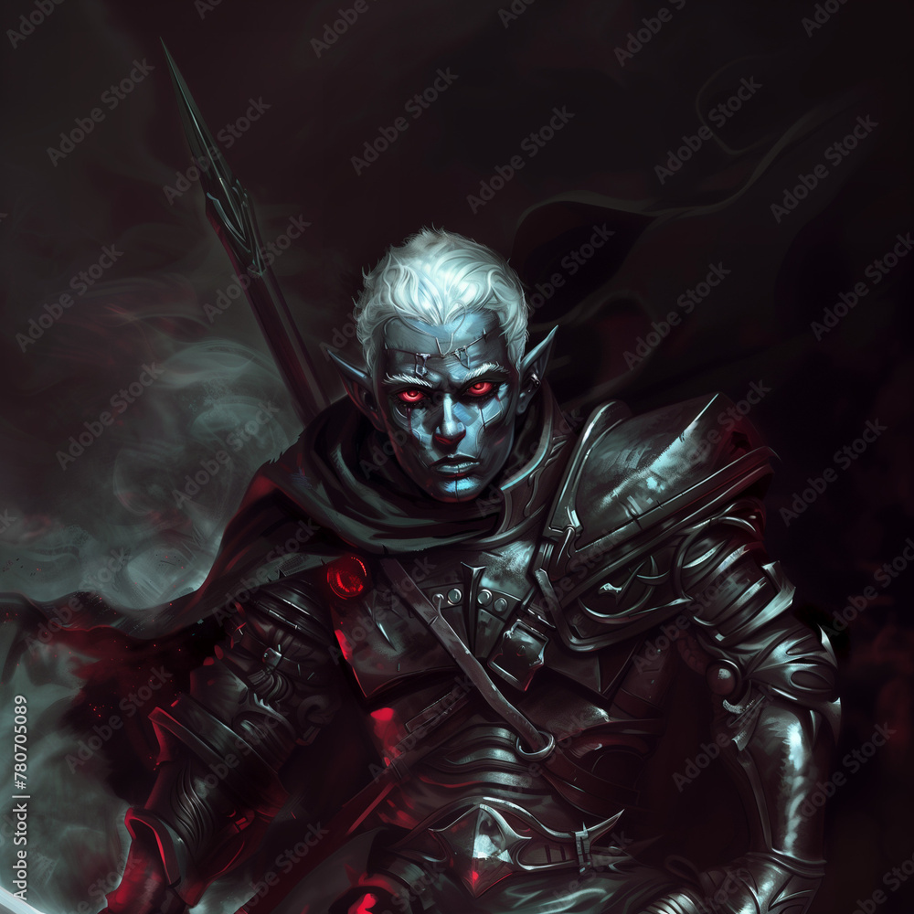 Male drow warrior, white short hair, intense glowing red eyes, wearing ...