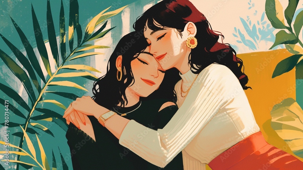 Illustration of two girls hugging each other, LGBT lesbian couple, love ...