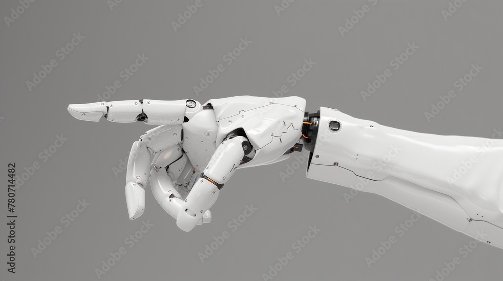 Robotic hand pointing to side with copy space, white artificial humanoid hand making the ...