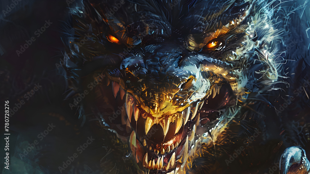 A dramatic illustration of a dynamic and fierce mythical beast, in an ...