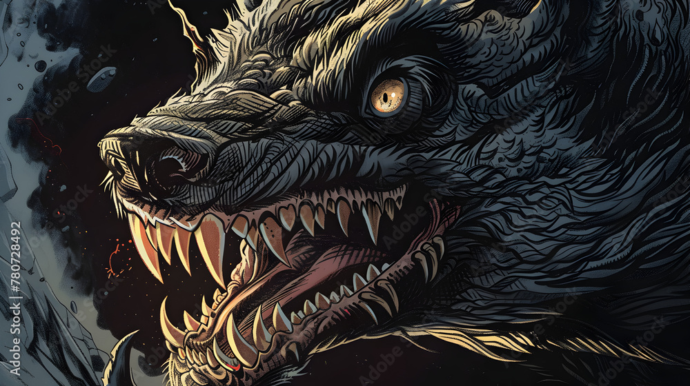 Digital illustration of an enigmatic wolf-like beast with ferocious ...