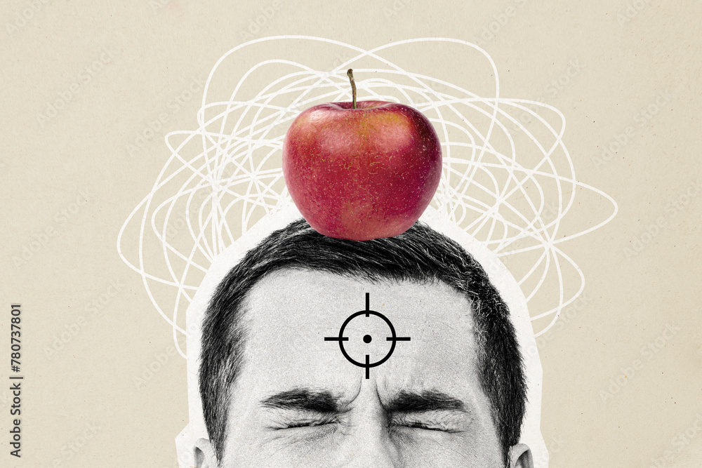 Composite photo collage of scared male face frown apple target crime ...