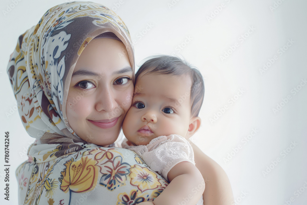 Muslim Malaysian smiling mother wear hijab hugging her sweet baby over ...