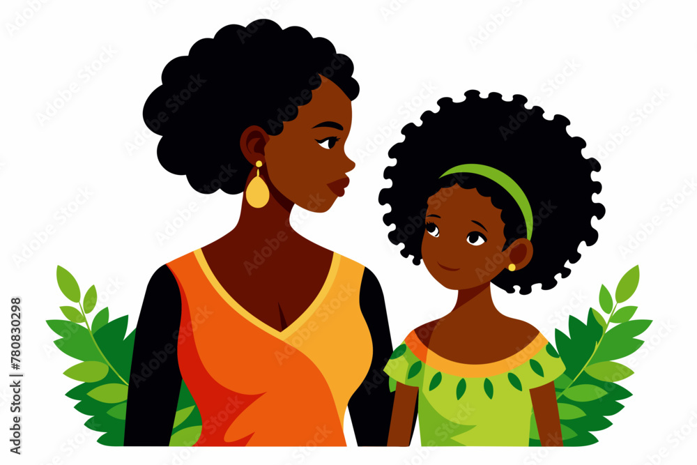 illustration that represent African mother and her daughter, silhouette ...