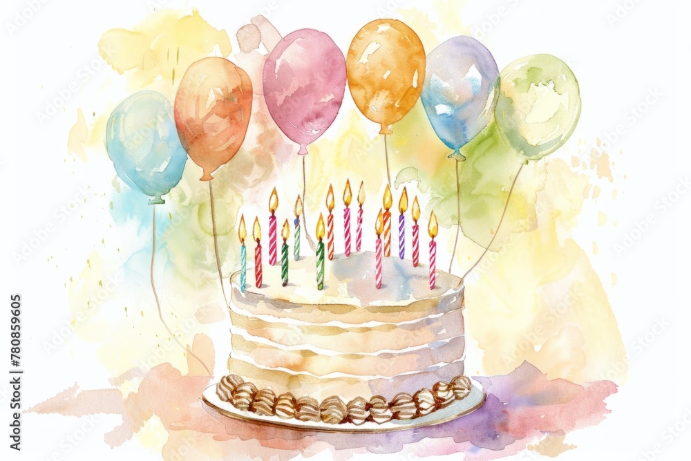 Watercolor birthday cake with candles and balloons clipart, white ...