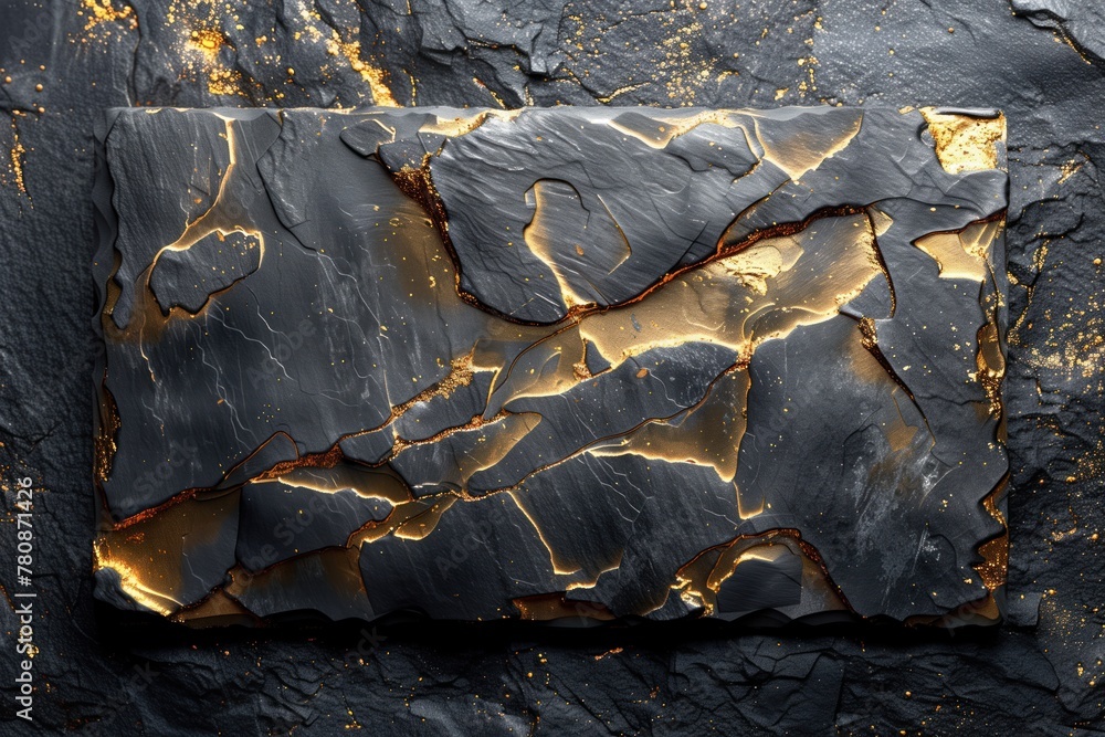 Dark luxury abstract background: a raw gold block is symmetrically ...