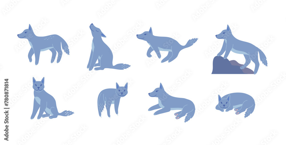 Cartoon Color Characters Wolves Set Different Poses Concept Flat Design ...