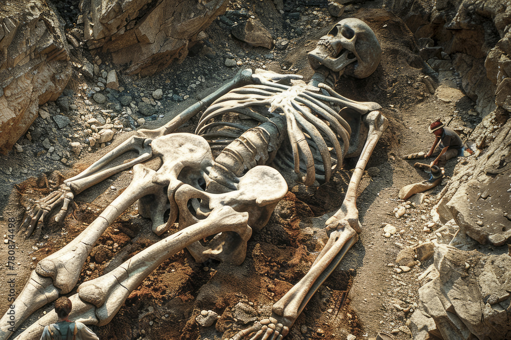 Archaeological excavations reveal a colossal humanoid skeleton. Nearby ...
