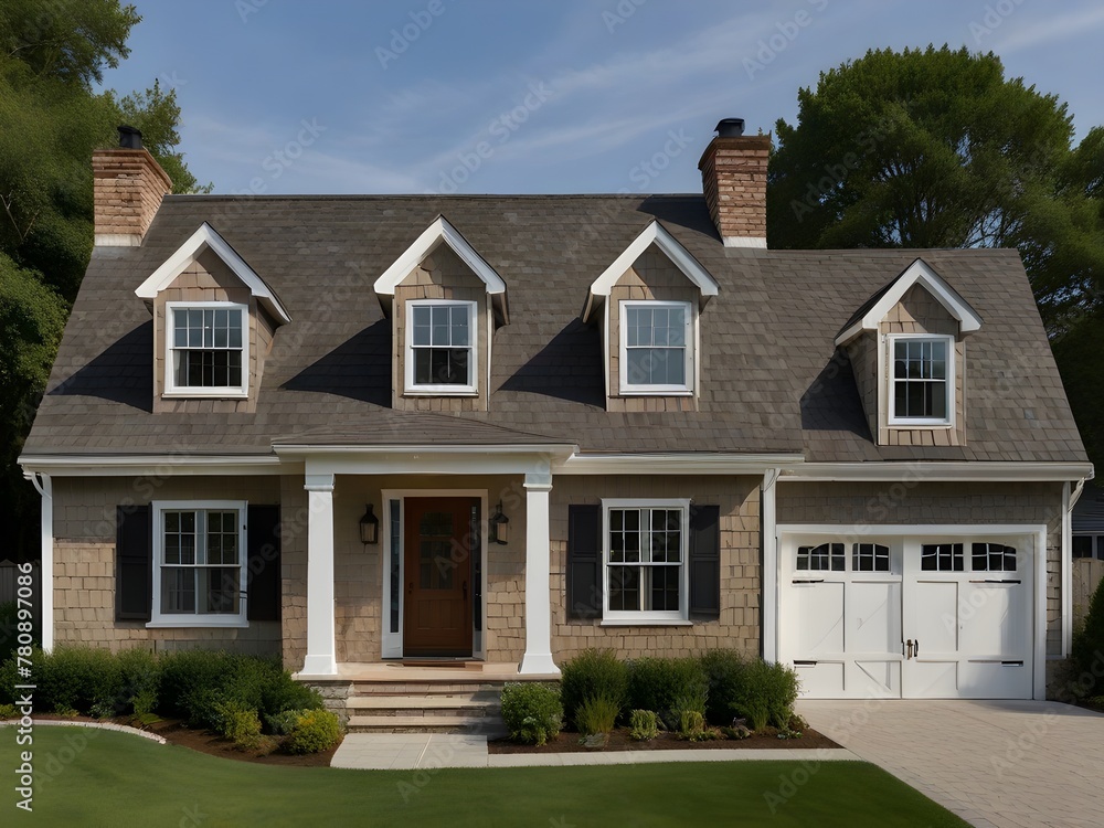 A Cape Cod-style house with cedar shingle siding, gabled dormers, and a symmetrical facade ...