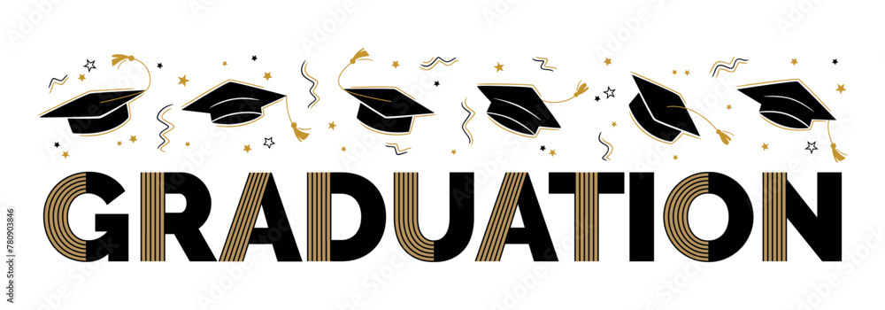 Graduation greeting sign with square academic caps high into the air ...