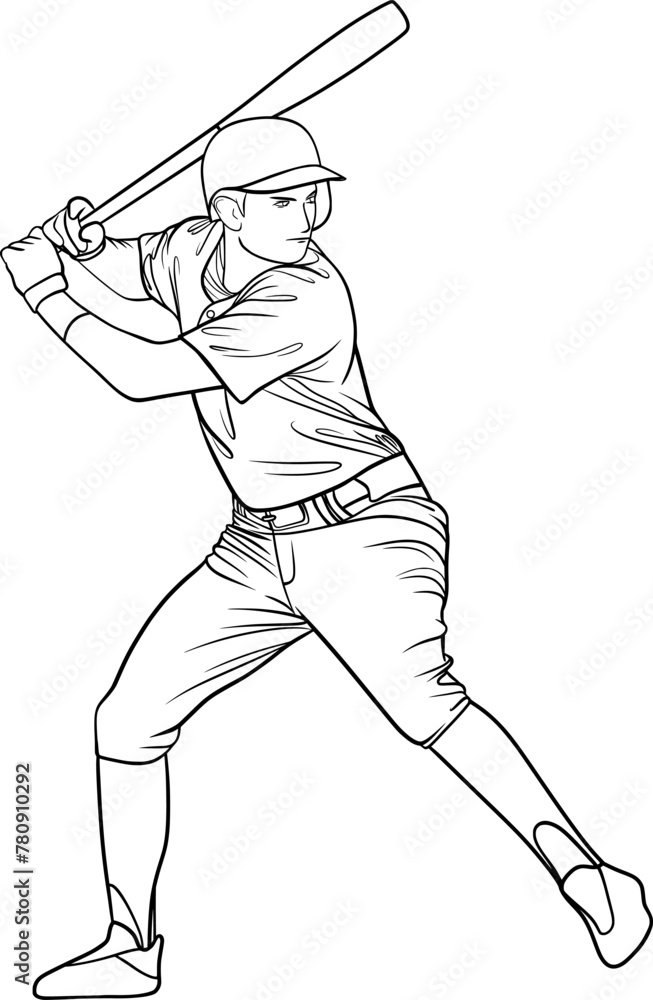 batter, baseball player hitting ball, vector outline illustration ...