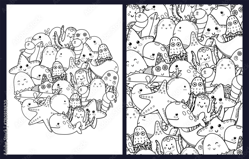 Doodle sea animals coloring pages set. Black and white templates bundle ...