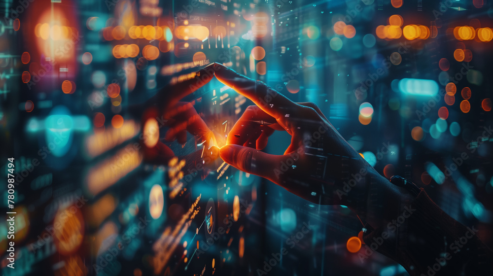 Hands interact with a burst of data and lights, simulating a futuristic and immersive user ...