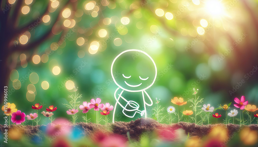 Charming Stick Figure Gardener Nurturing Colorful Flowers in Blurred ...