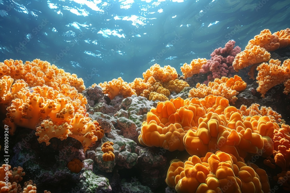 Sunlight filters through the ocean water, highlighting the diverse ...