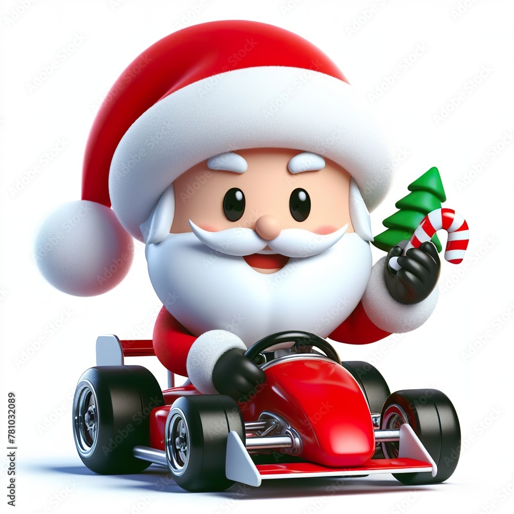 Cute character 3D image of a Santa playing Kart racing, funny, happy ...
