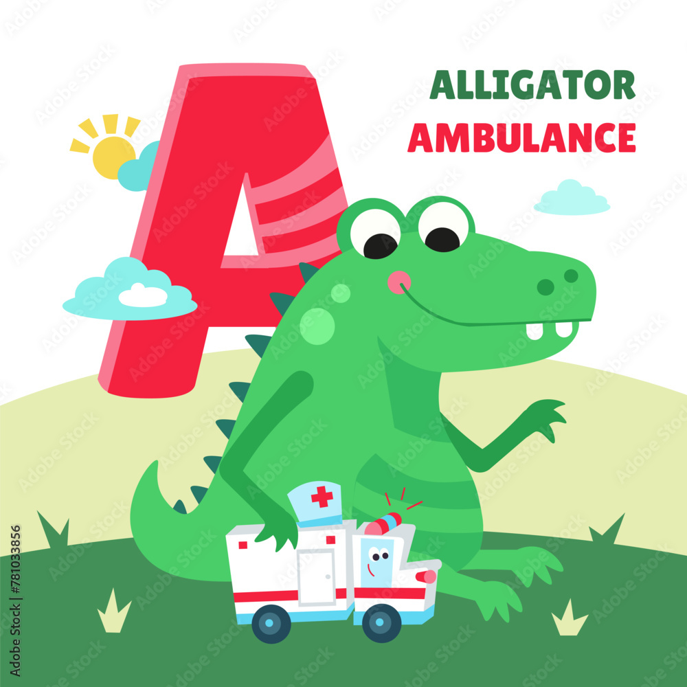 Letter A. Alphabet, card with cute cartoon style characters. Alligator ...