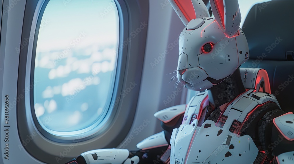 Rabbit robot in athletic wear plans a hop strategy on a plane ...