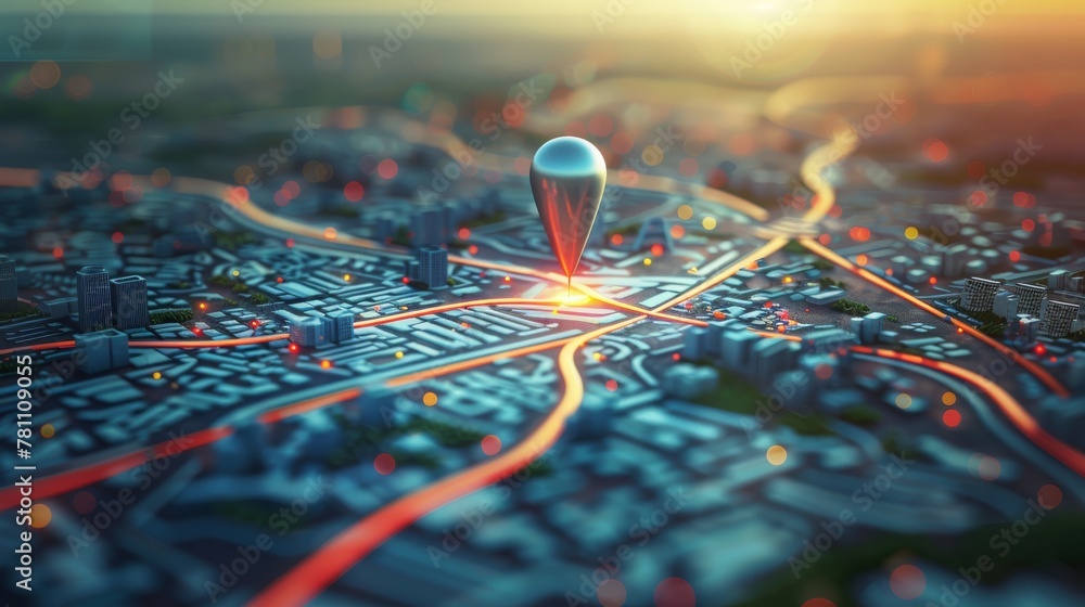 Location marking with a pin on a map with routes. Find your way ...