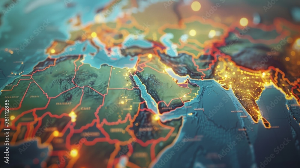 Illuminated map highlighting connectivity and trade routes between ...