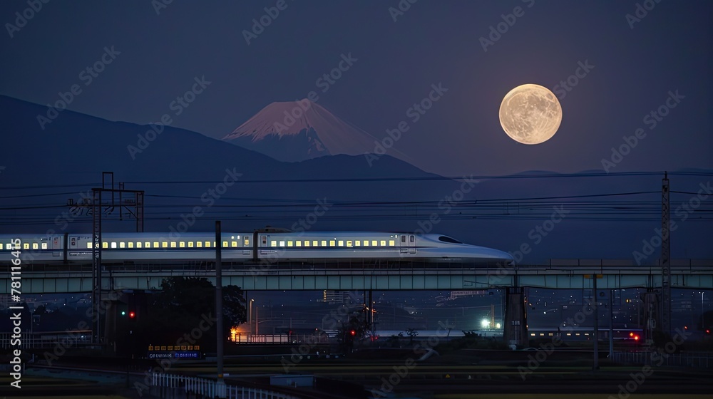 night sky on a Shinkansen with a breathtaking view of the big moon ...