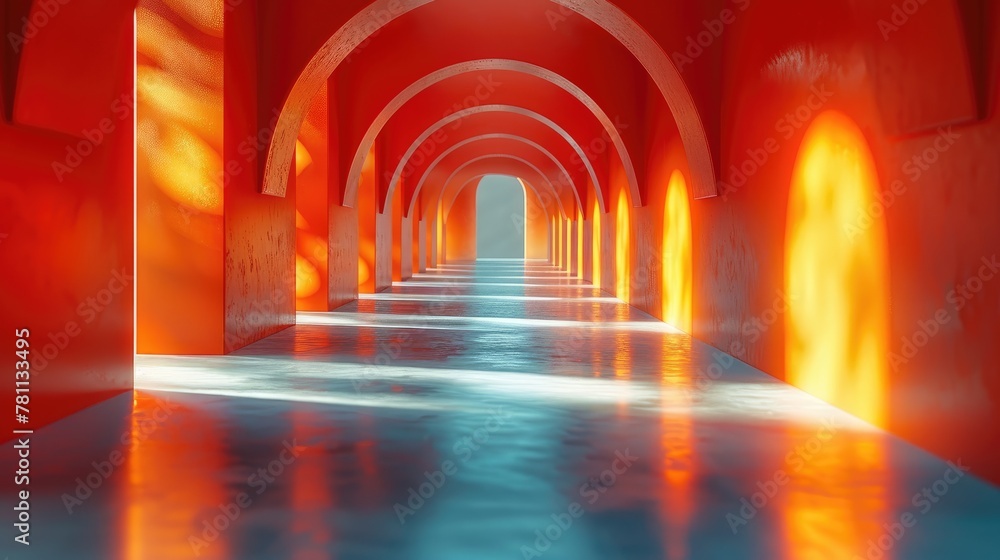 An intense red corridor with archways casts a warm glow, reflecting on ...