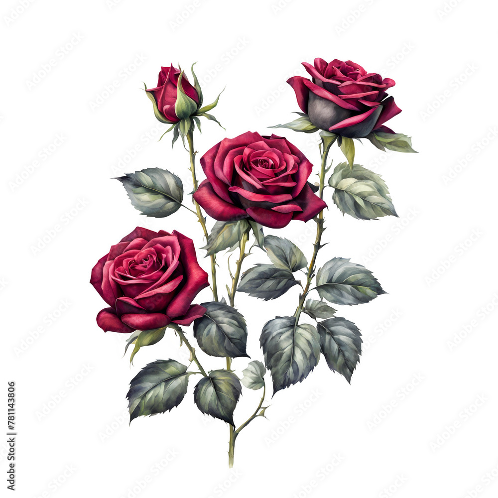Gothic red roses, watercolor illustration, floral bouquet, for ...